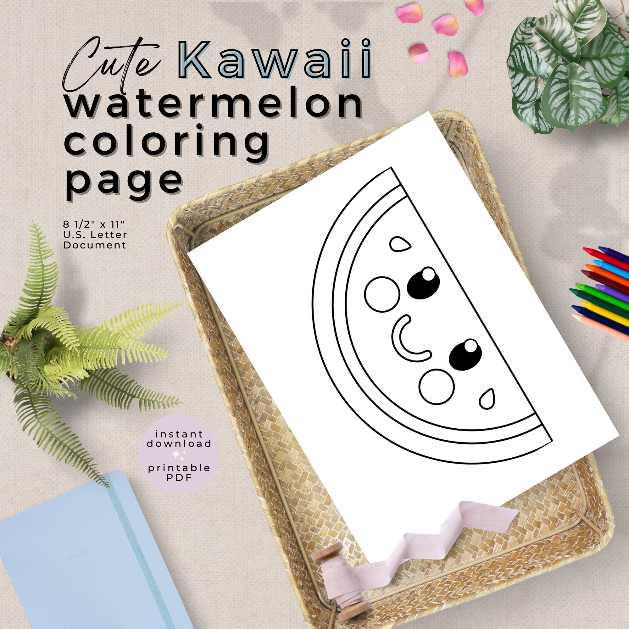 Cute Kawaii Watermelon Slice Coloring Page - Printable Watermelon ...