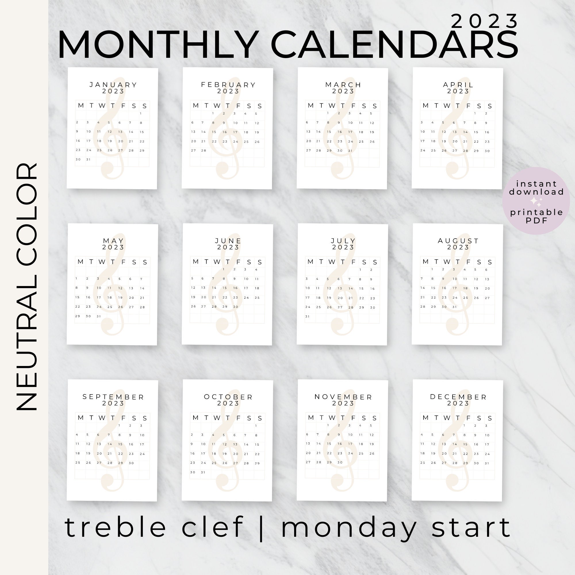 Printable Monthly Calendar 2023 Monday Start - Treble Clef Neutral ...
