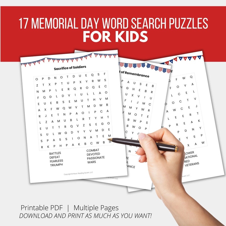 17 Printable Memorial Day Word Search Puzzles for Kids With - Etsy