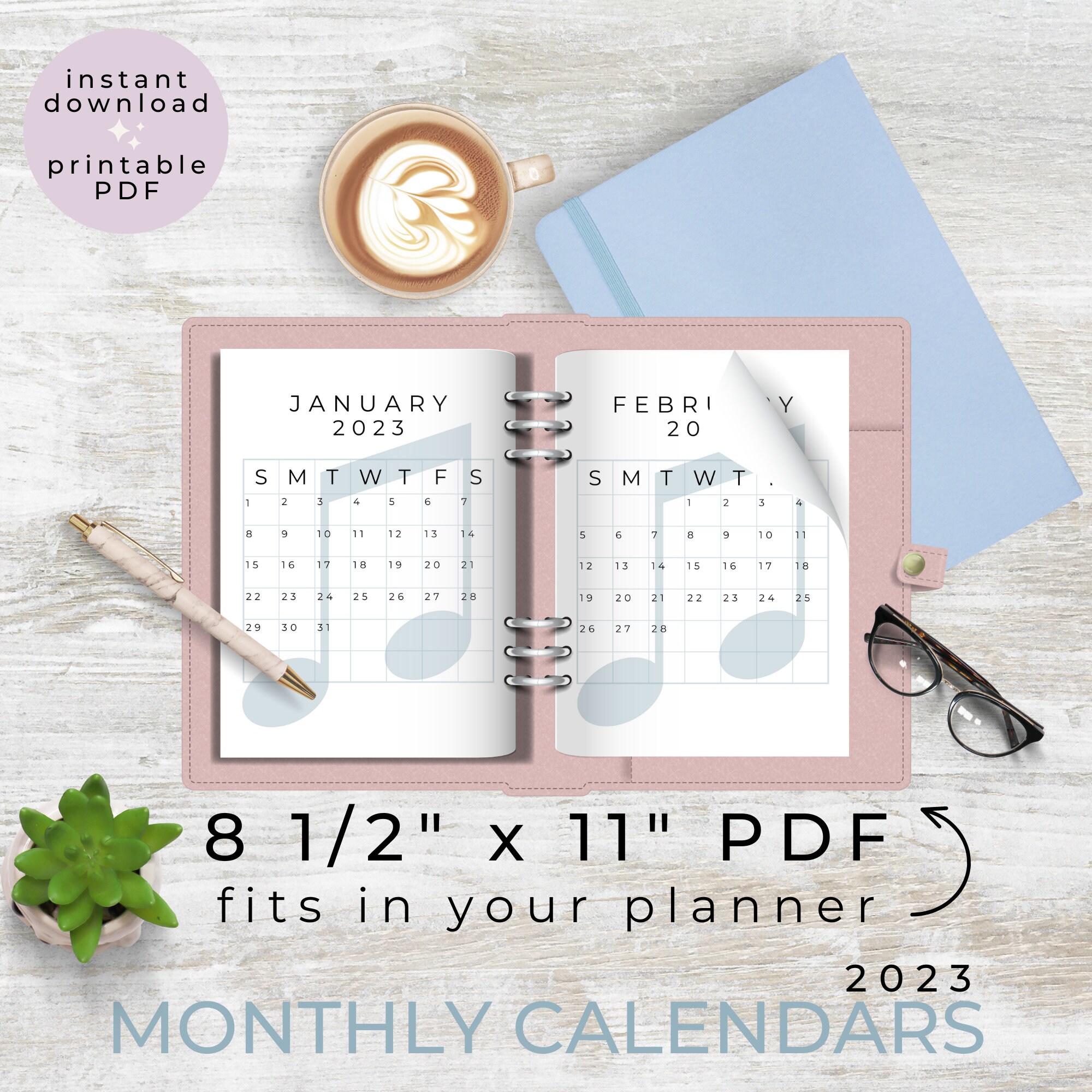 Printable Monthly Calendar 2023 Sunday Start - Eighth Notes Blue ...