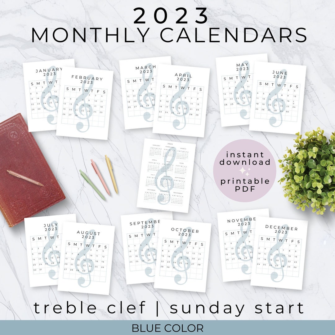 Printable Monthly Calendar 2023 Sunday Start - Treble Clef Blue ...