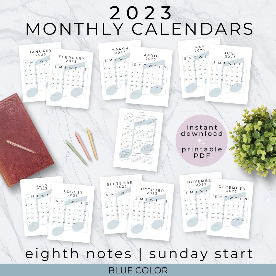 Printable Monthly Calendar 2023 Sunday Start - Eighth Notes Blue ...