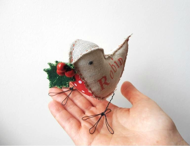 Robin Bird Soft Sculpture Handmade Christmas Ornament Gift Idea Rustic ...