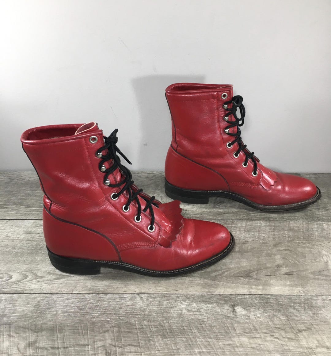 Vintage Justin L503 Roper Western Cowboy Cherry Red Leather Lacer ...