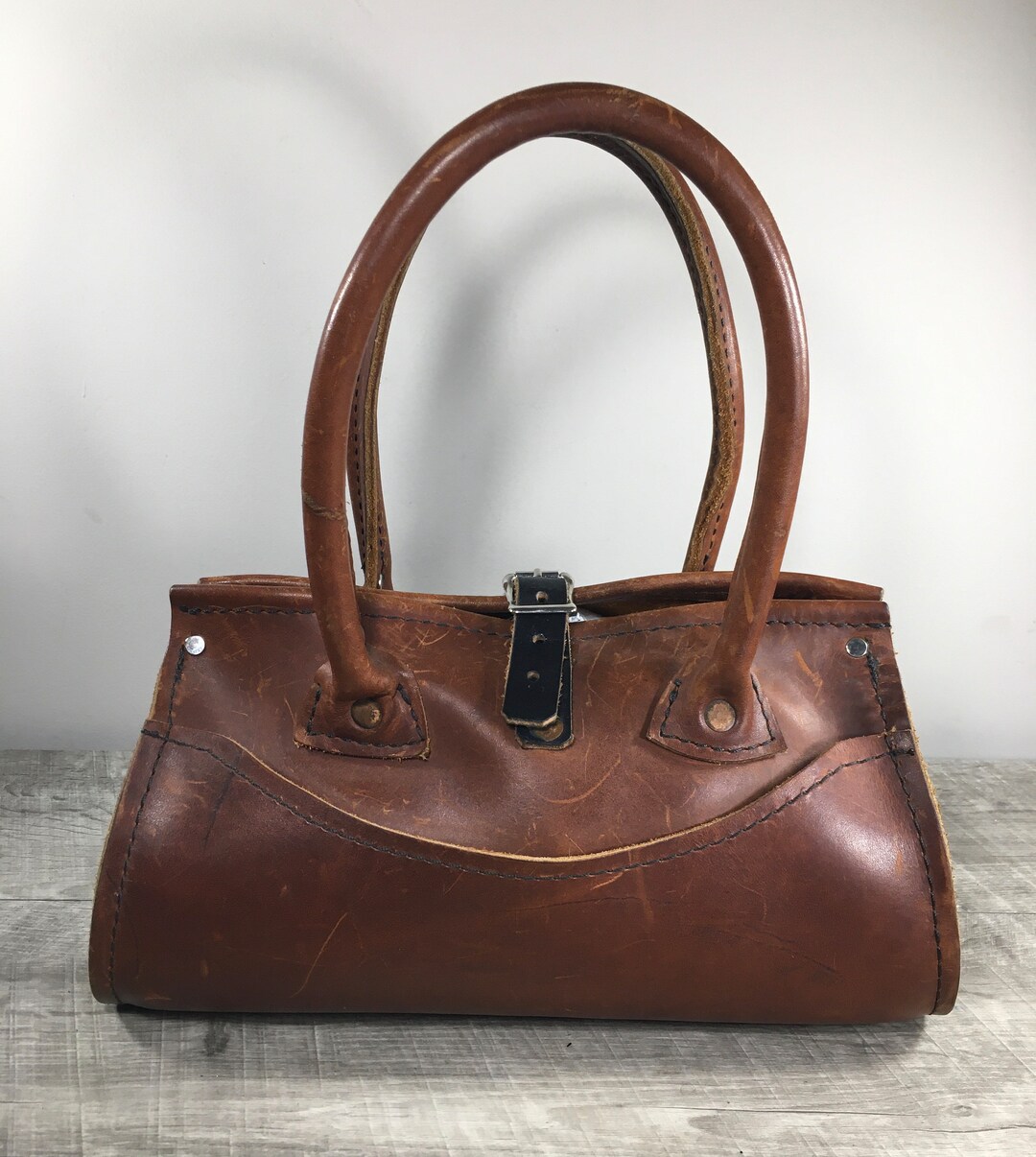 Vintage Handmade Thick Leather Rustic Riveted Hobo Boho Shoulder Purse ...