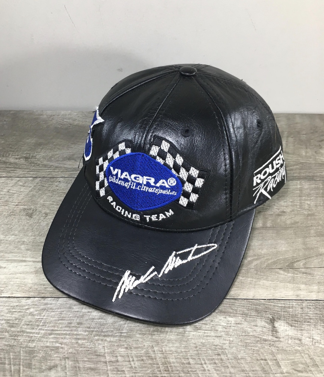 Vintage Roush Racing NASCAR #6 Stitched Black Leather Cap Hat One Size ...