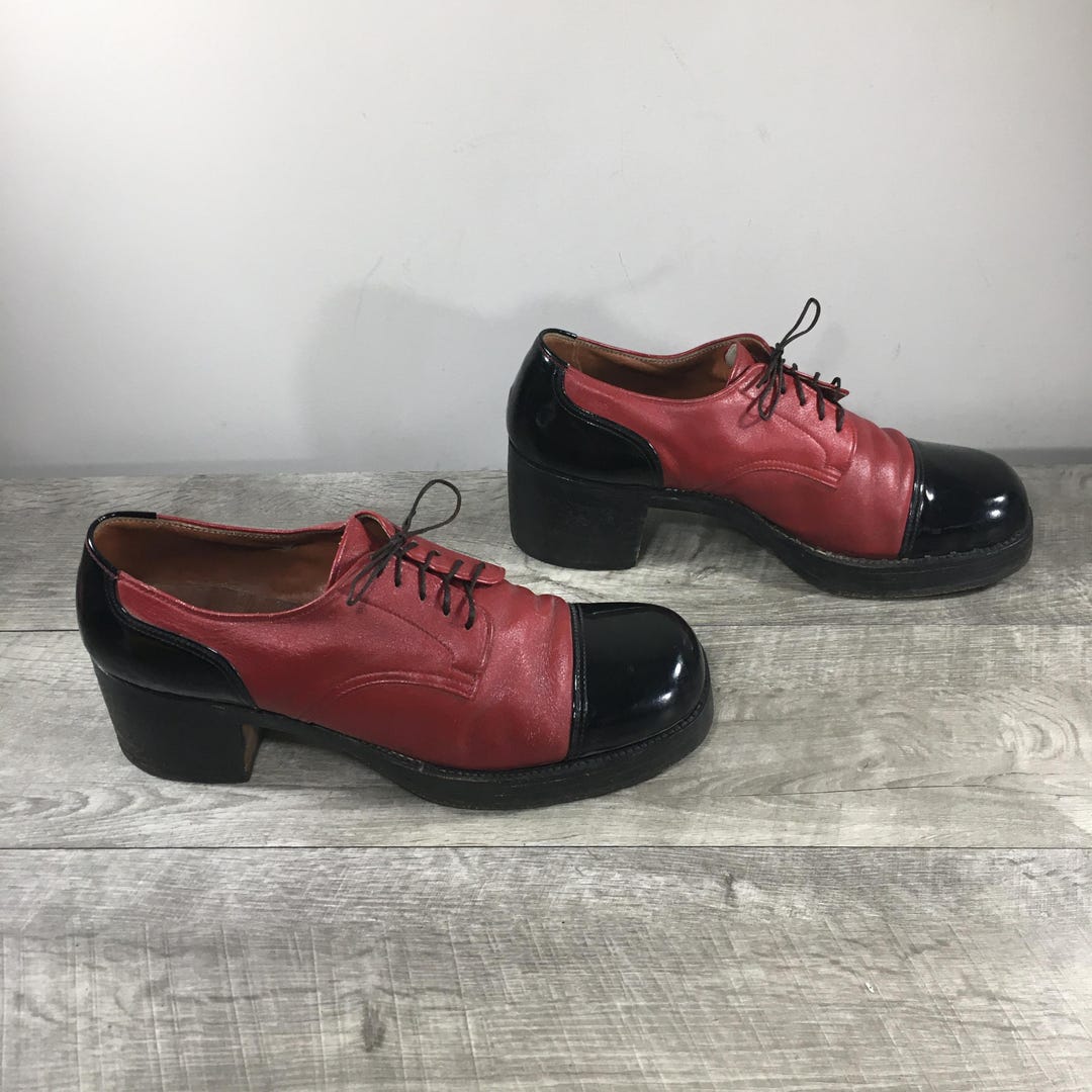 Vintage 70s KY Shoes Disco Platform Brogue Red Black Leather Heels Mens ...