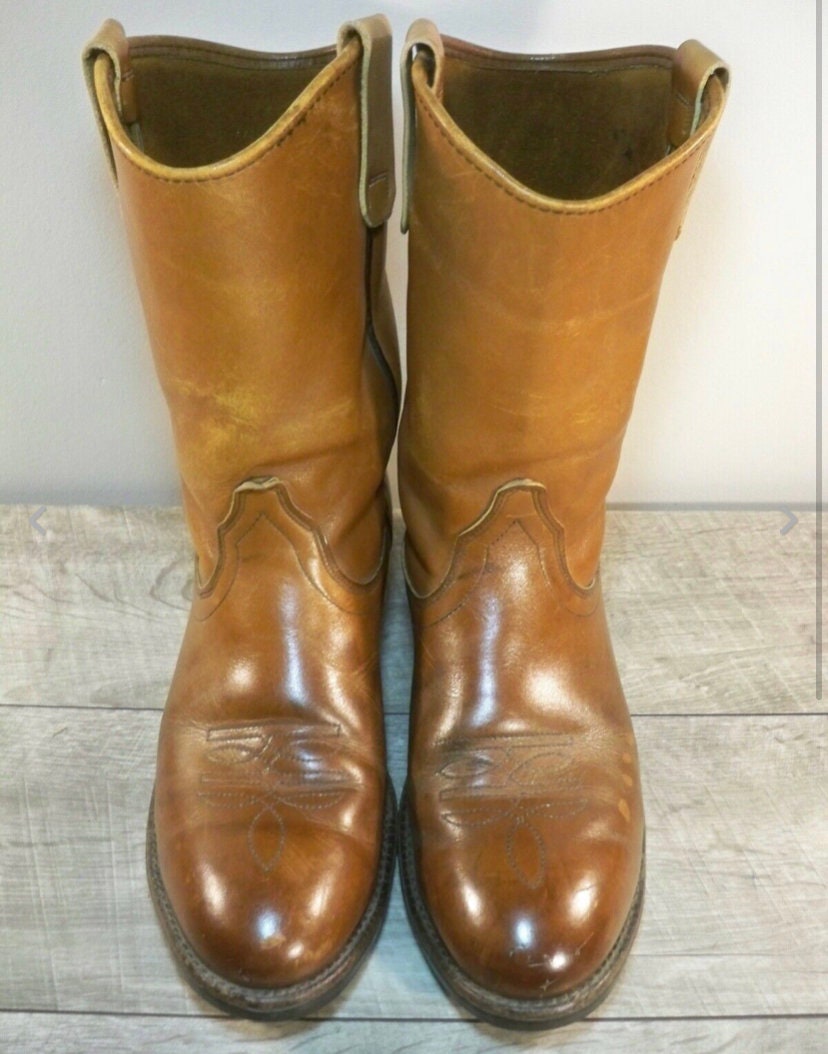 Red Wing Brown Leather Work Biker Boots Pull on Steel Toe Vintage 80s ...