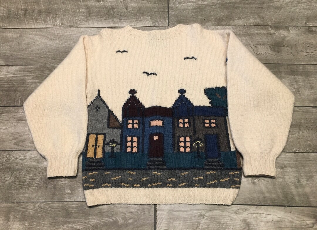 Vintage Berek City Scene Wool Sweater Jumper Jumper Hand Knit Taille ...