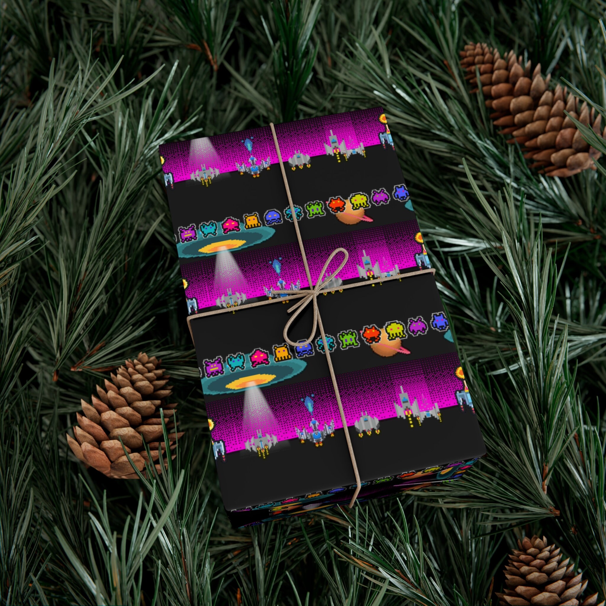 Retro Pixelated 80s Alien Video Game Wrapping Paper - Nostalgic Arcade ...
