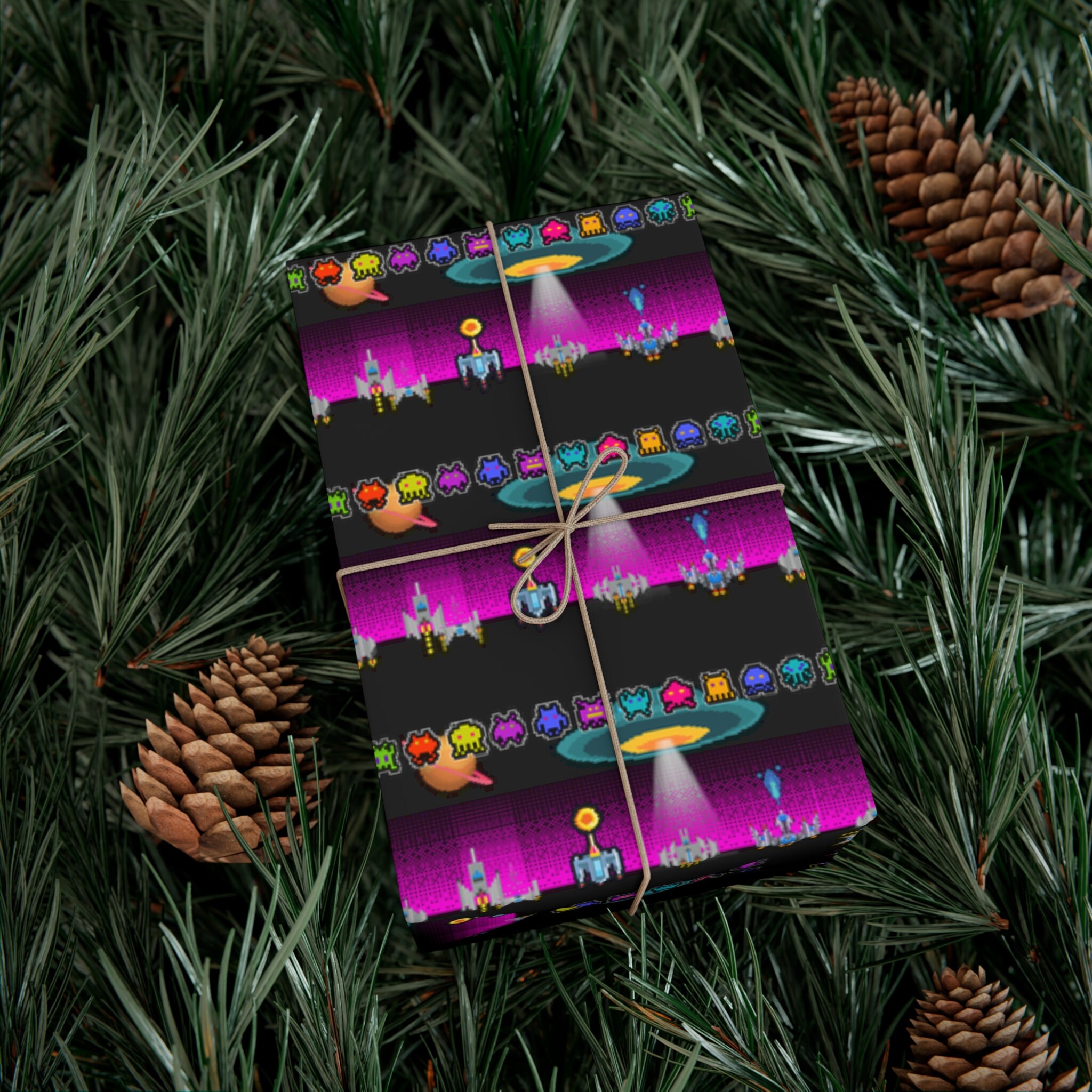 Retro Pixelated 80s Alien Video Game Wrapping Paper - Nostalgic Arcade ...