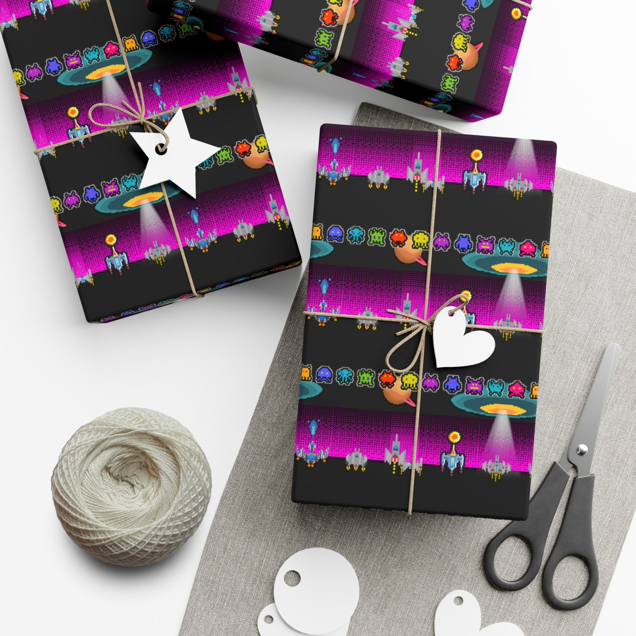 Retro Pixelated 80s Alien Video Game Wrapping Paper - Nostalgic Arcade ...