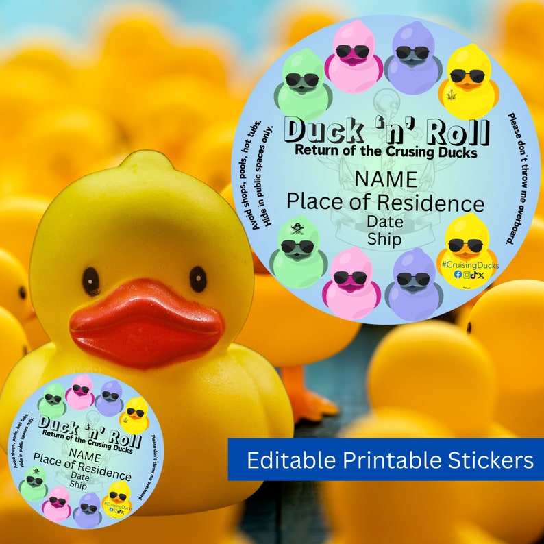 Editable Duck N Roll Cruising Ducks Tag Stickers Cruise Ship Rubber ...