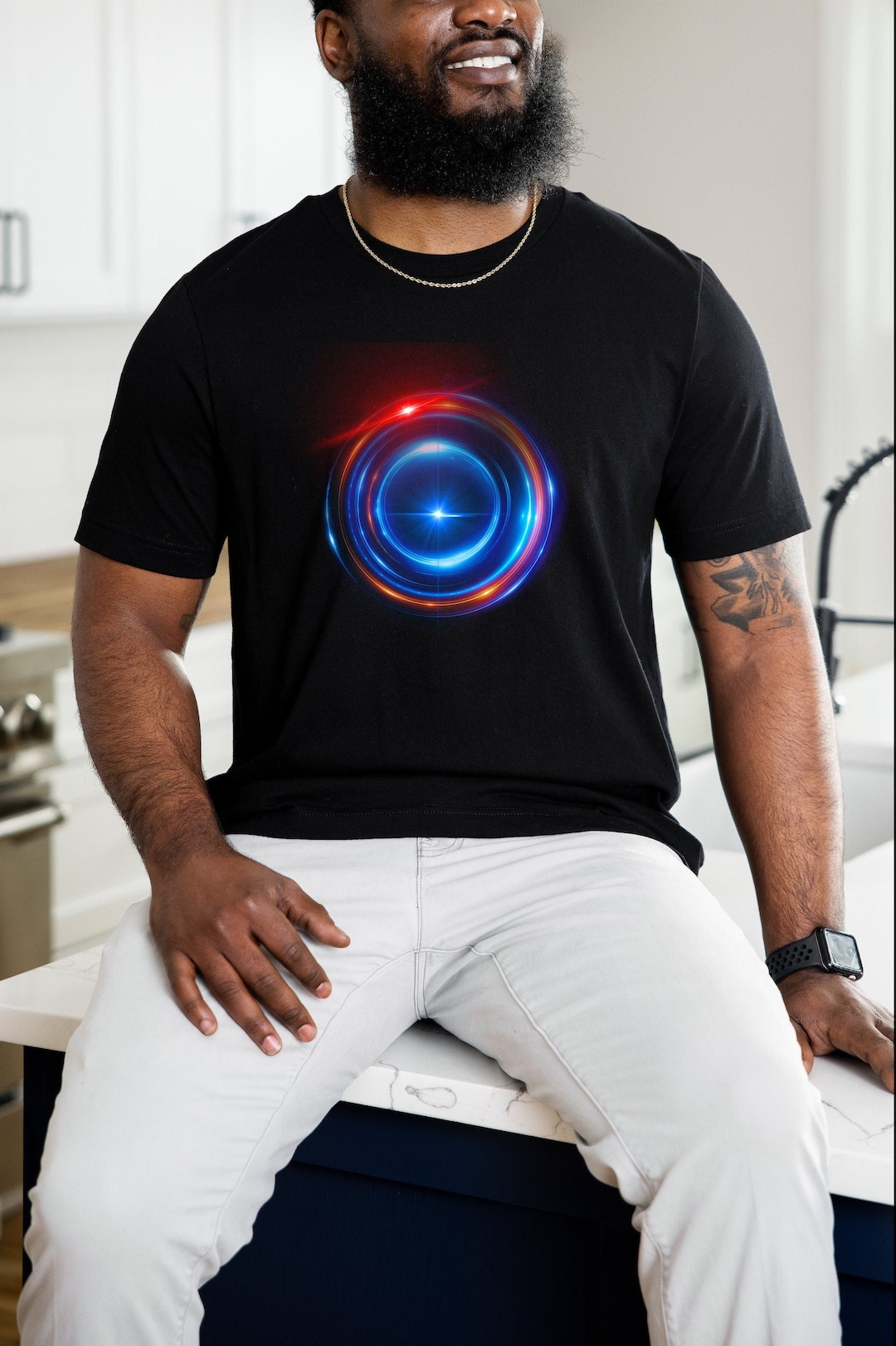 Neon Red and Blue Circles Techno Design T-shirt - Stylish and Vibrant L ...