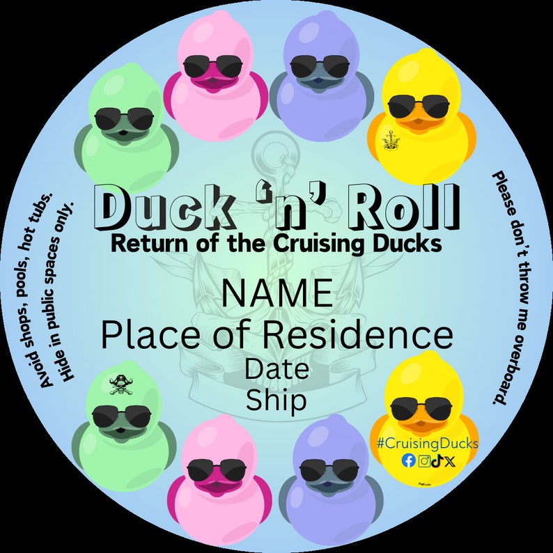 Editable Duck N Roll Cruising Ducks Tag Stickers Cruise Ship Rubber ...