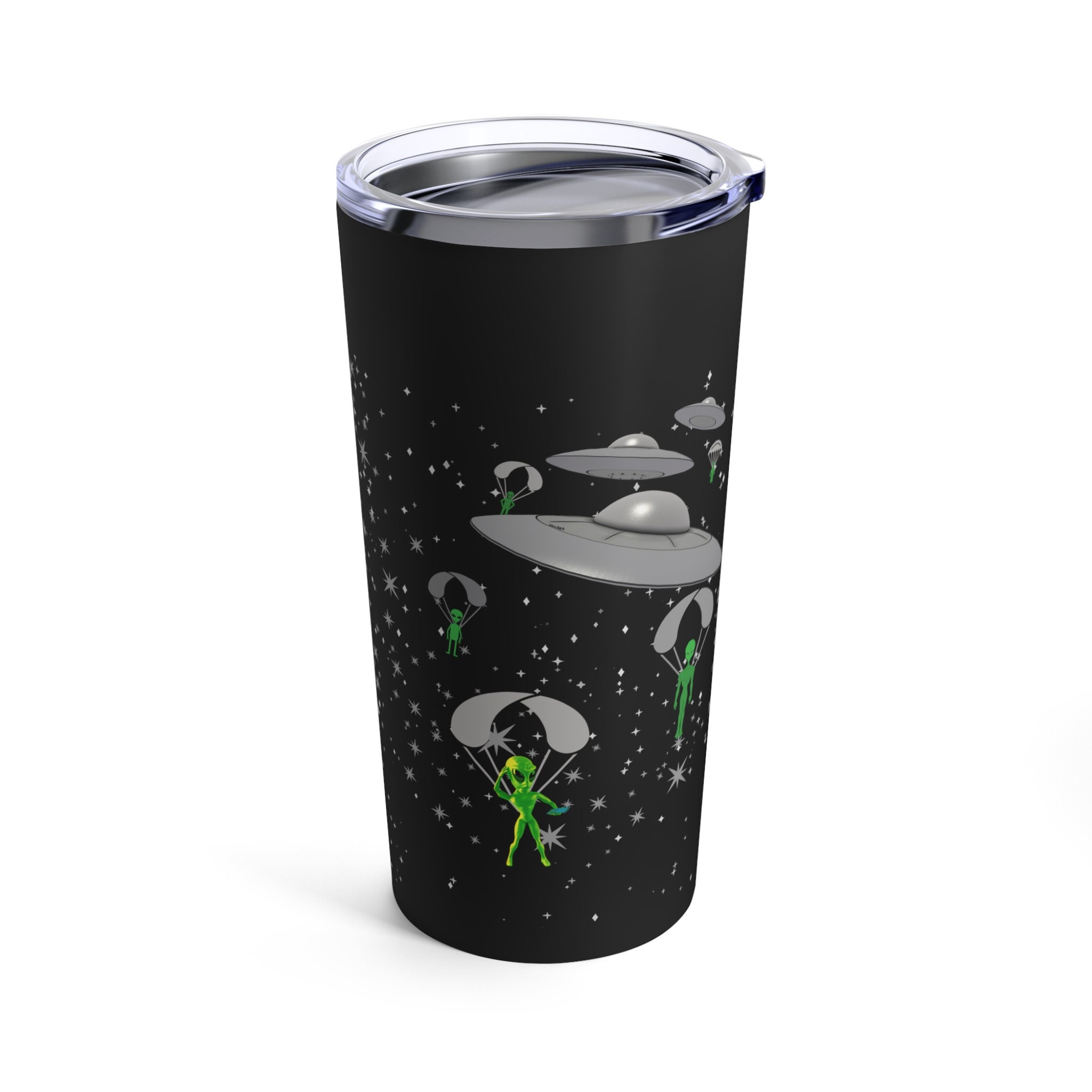 Whimsical Ufos and Parachuting Aliens Travel Mug Fun Outer Space ...