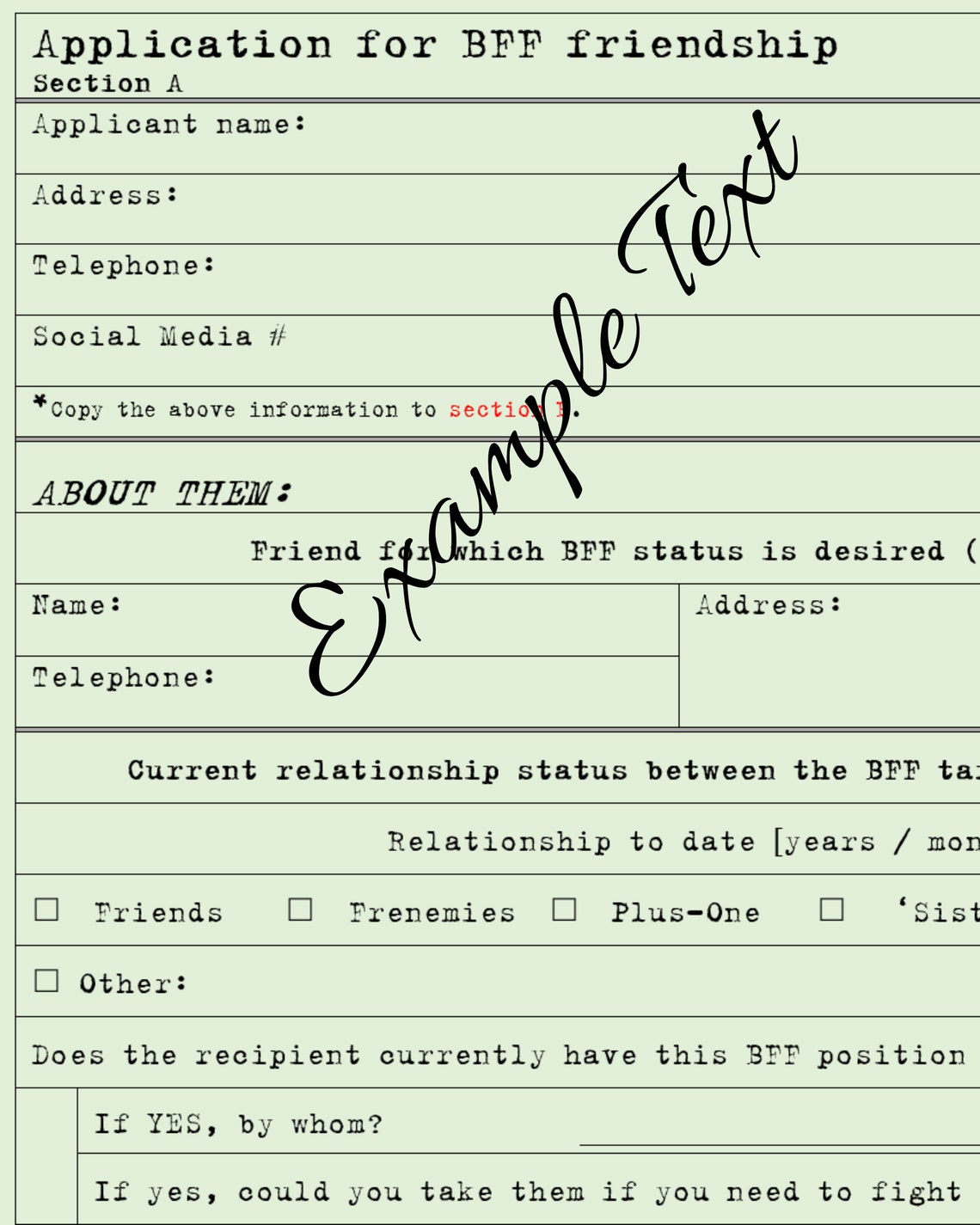 Application for Friendship Form | Novelty Forms | Best Friends Forever ...
