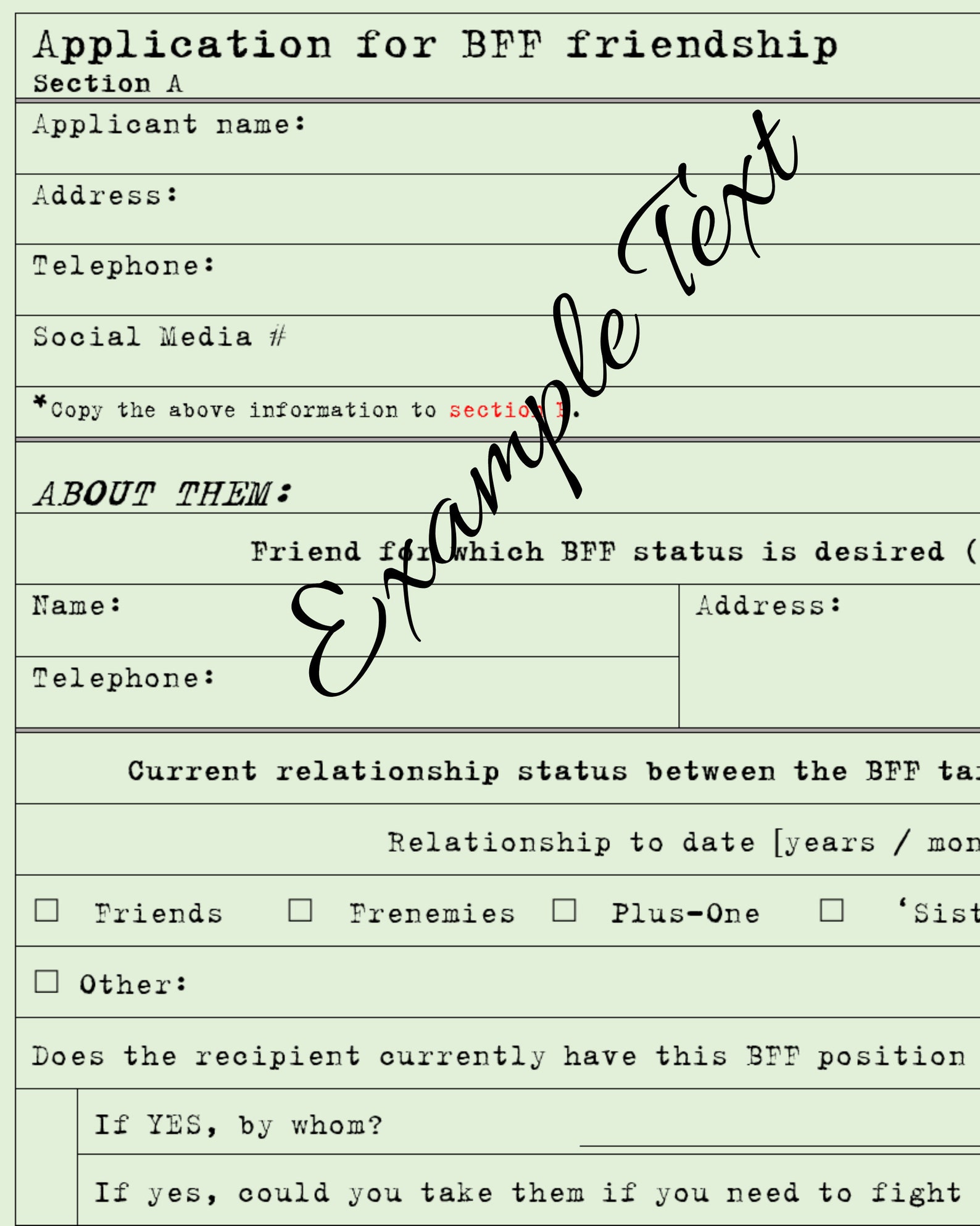 Application for Friendship Form | Novelty Forms | Best Friends Forever ...