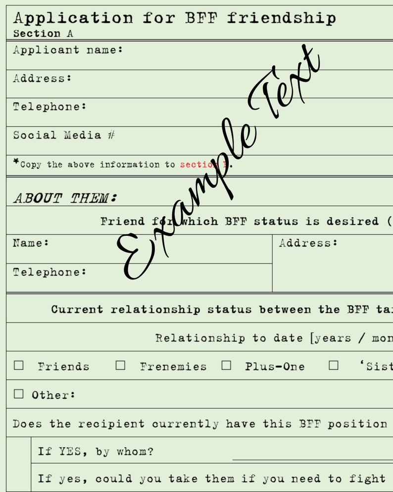 Application for Friendship Form Novelty Forms Best Friends Forever BFF ...