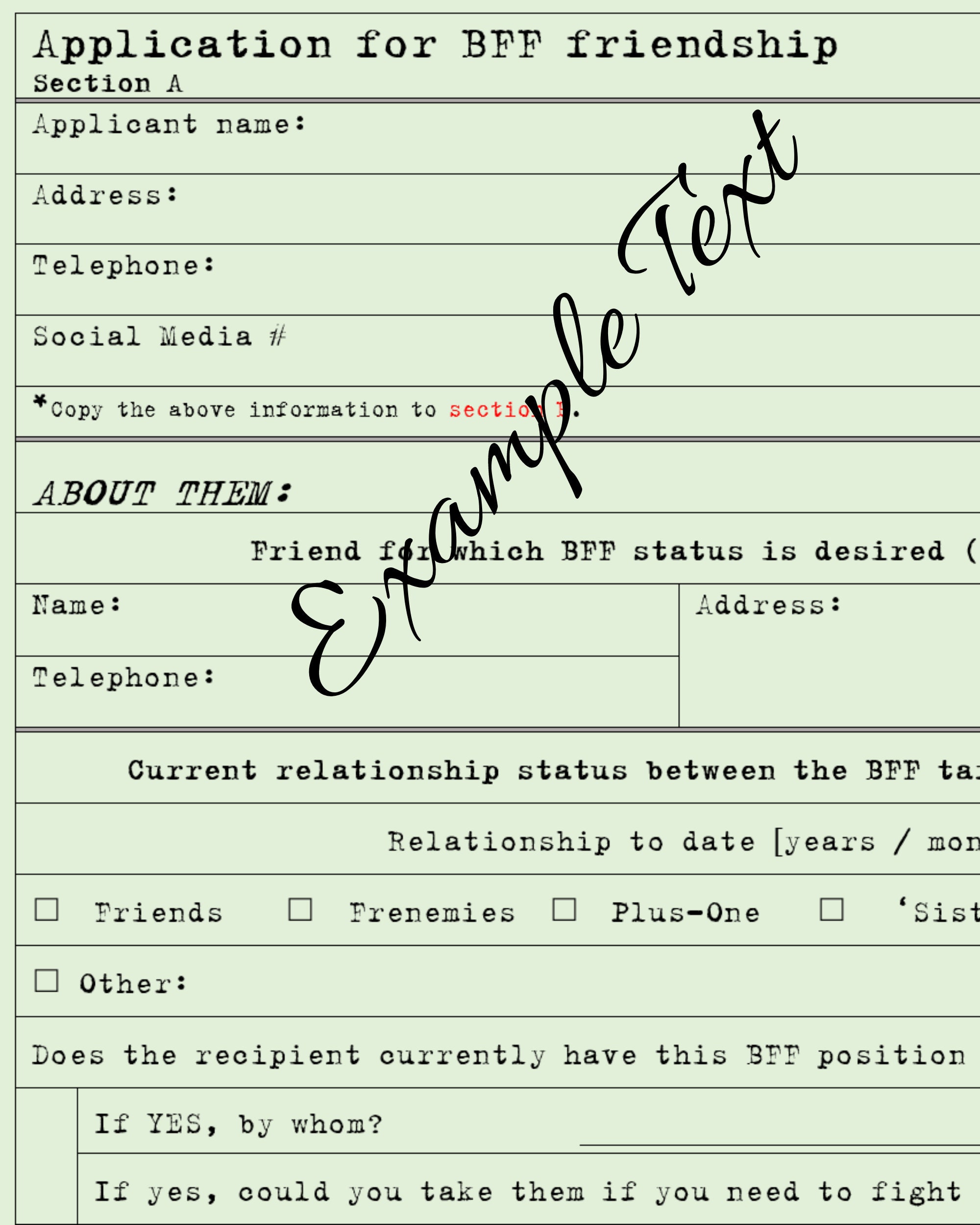 Application for Friendship Form Novelty Forms Best Friends Forever BFF ...