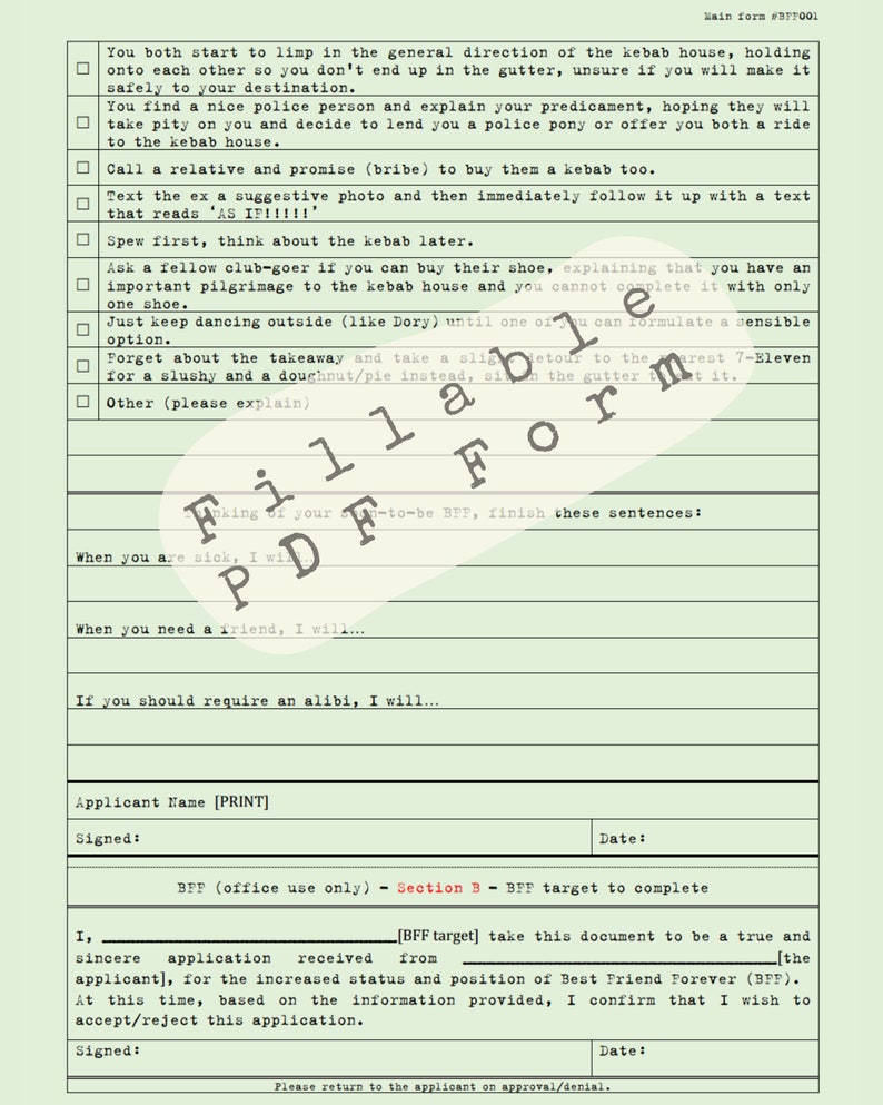 Application for Friendship Form | Novelty Forms | Best Friends Forever ...