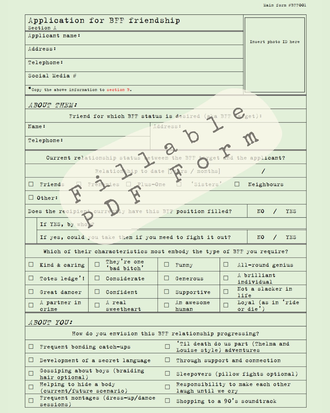 Application for Friendship Form Novelty Forms Best Friends Forever BFF ...
