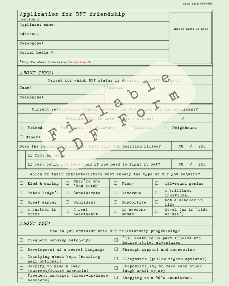 Application for Friendship Form | Novelty Forms | Best Friends Forever ...