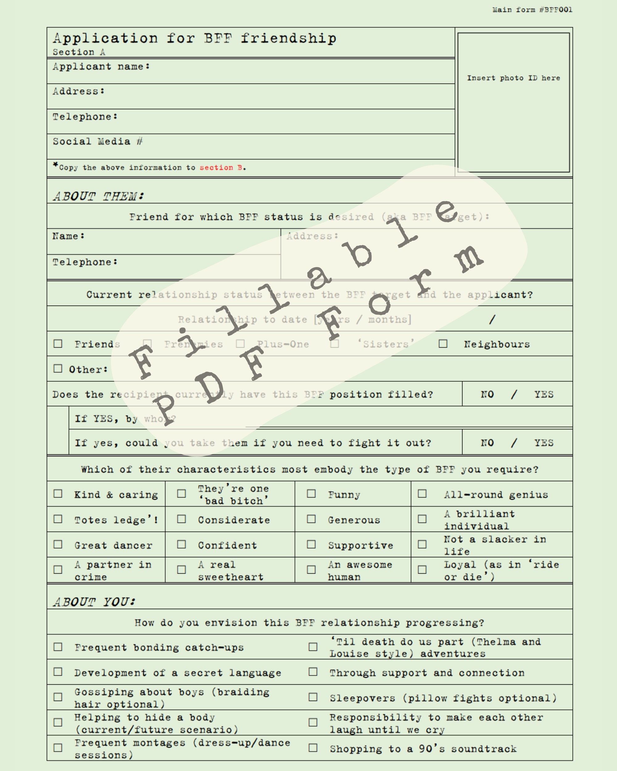 Application for Friendship Form | Novelty Forms | Best Friends Forever ...