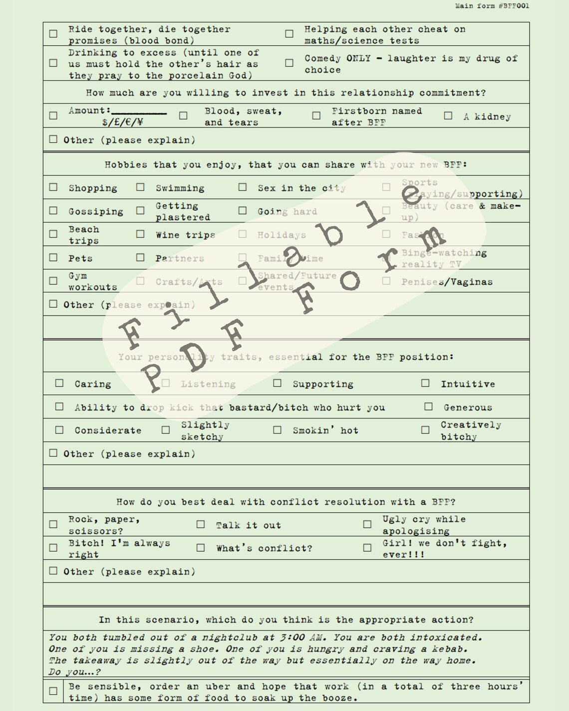 Application for Friendship Form Novelty Forms Best Friends Forever BFF ...