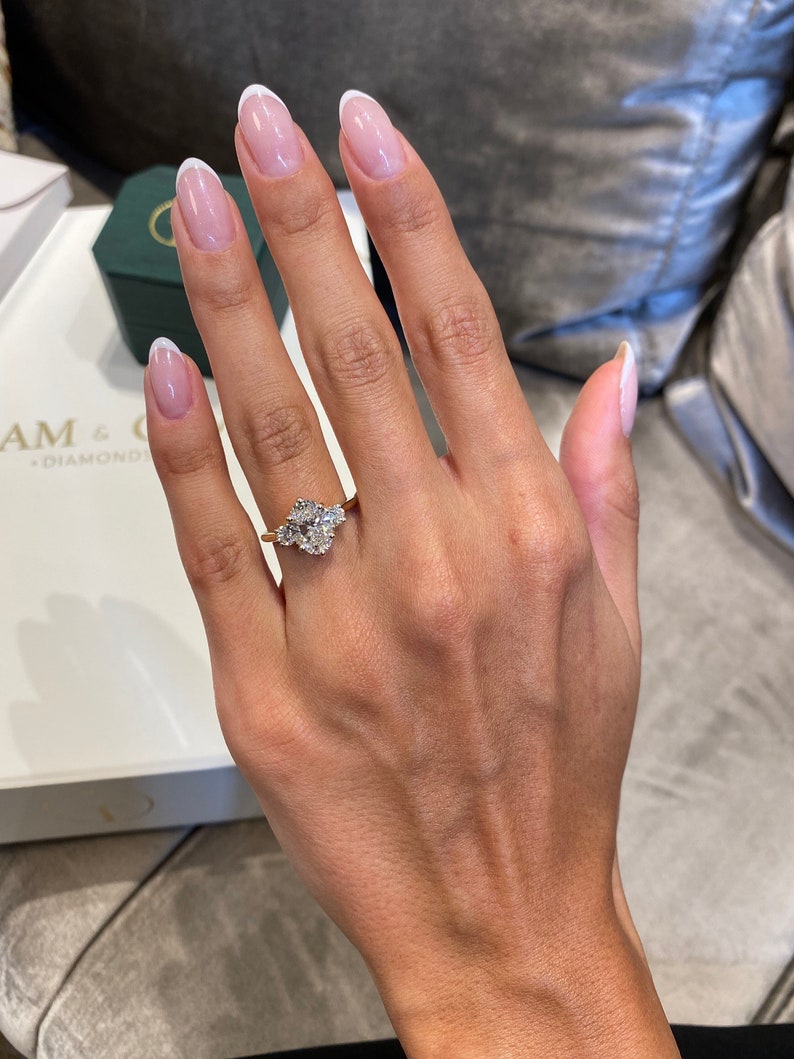 14k Yellow Gold Proposal Ring, Three Stone Set Ring, Round Diamond Side ...