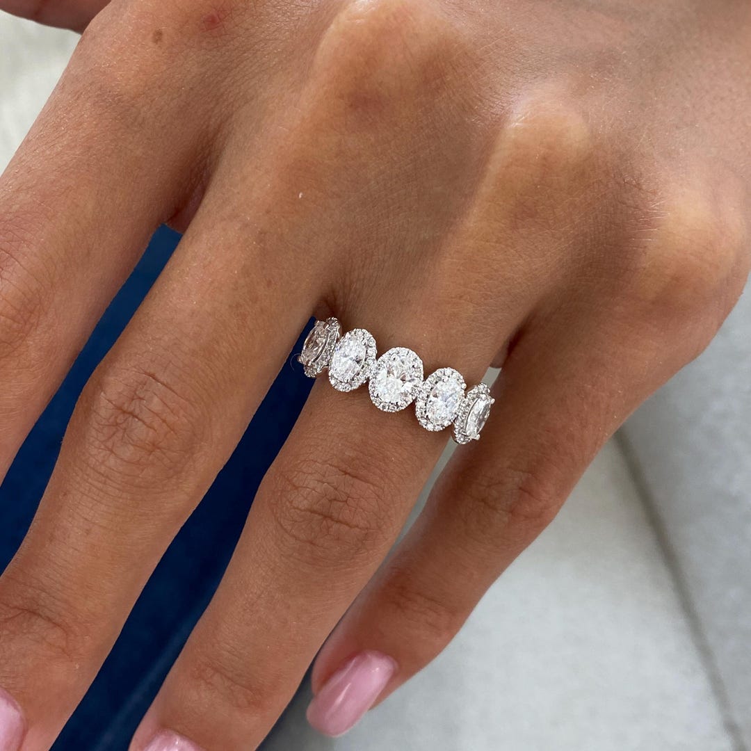 Oval Cut Diamond Halo Set 5 Stone Ring, Certified 1.48ct E-F VS1 Lab ...