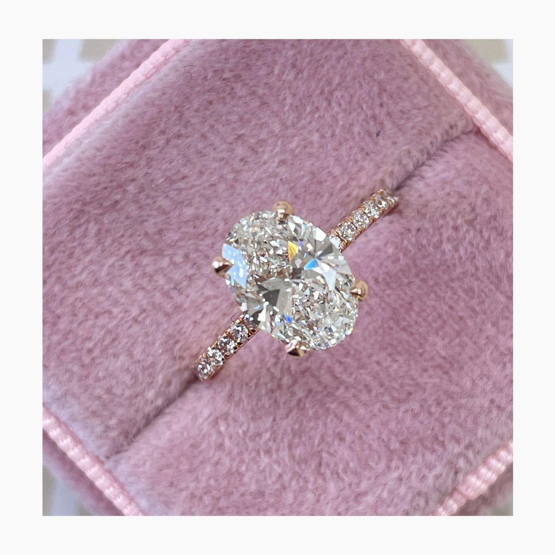 IGI Certified E/VVS2 Lab Grown Diamond, Oval Cut Hidden Halo Set Engagement Ring, 14k Rose Gold ...