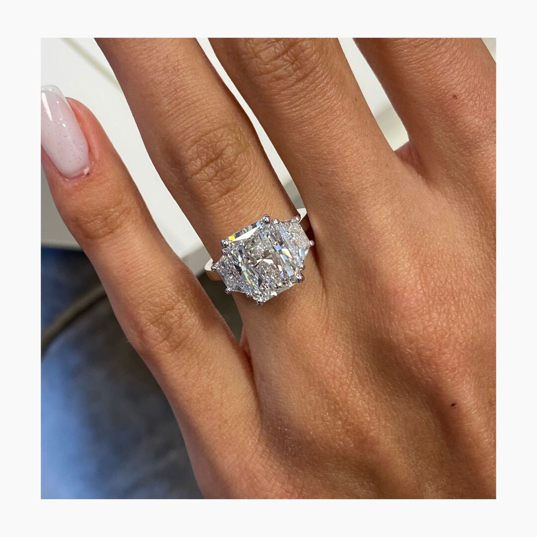 Radiant Cut Lab Diamond Three Stone Set Engagement Ring, 14k White Gold ...