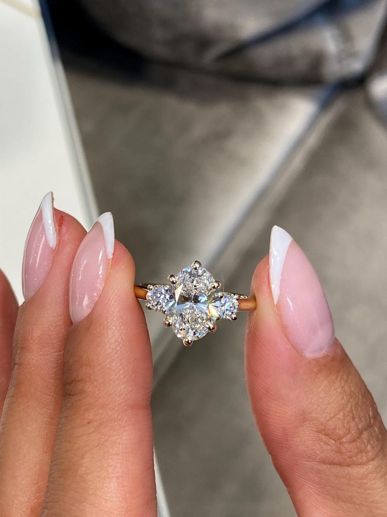 2.4ct TCW Diamond Oval Engagement Ring 14K Gold, Three-stone Proposal ...