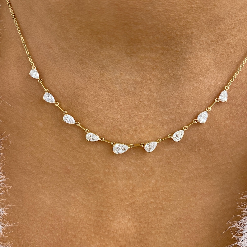 14K Yellow Gold Necklace, Pear Cut Diamond Link Necklace, 2ct E/VVS2 ...