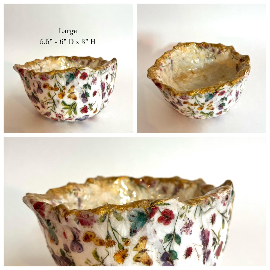 Floral Garden Paper Mache Bowl – Hand-painted & Decoupaged With Gold ...