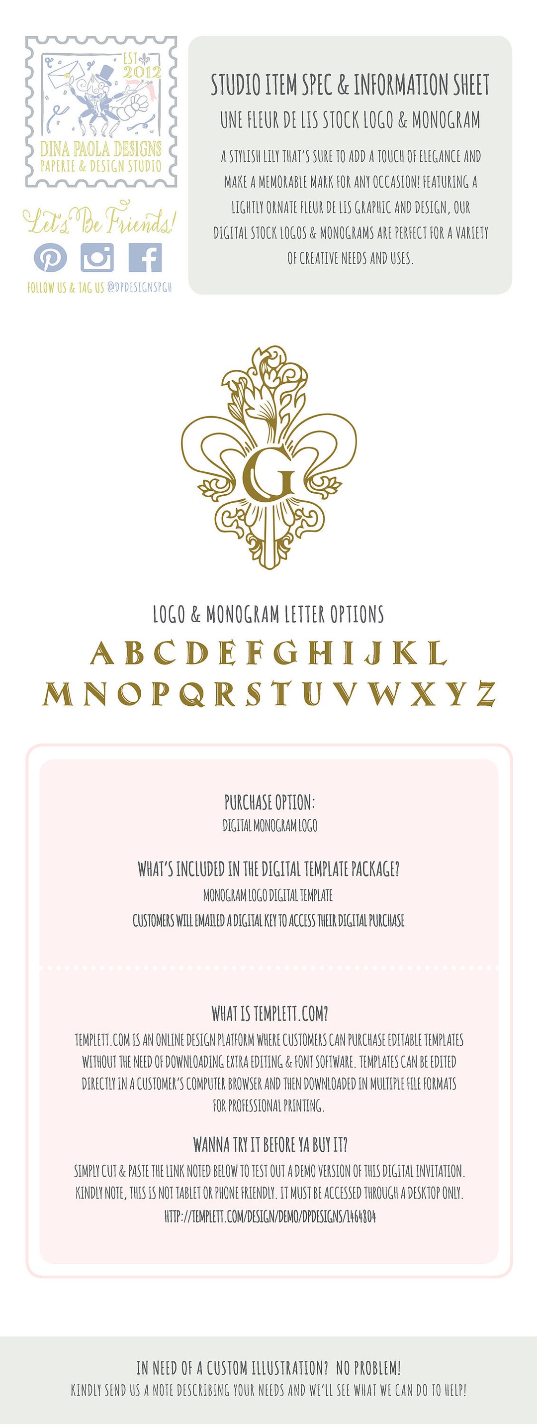 DIGITAL LOGO & MONOGRAM | DLM1 | Une Fleur De Lis | Editable Wedding ...