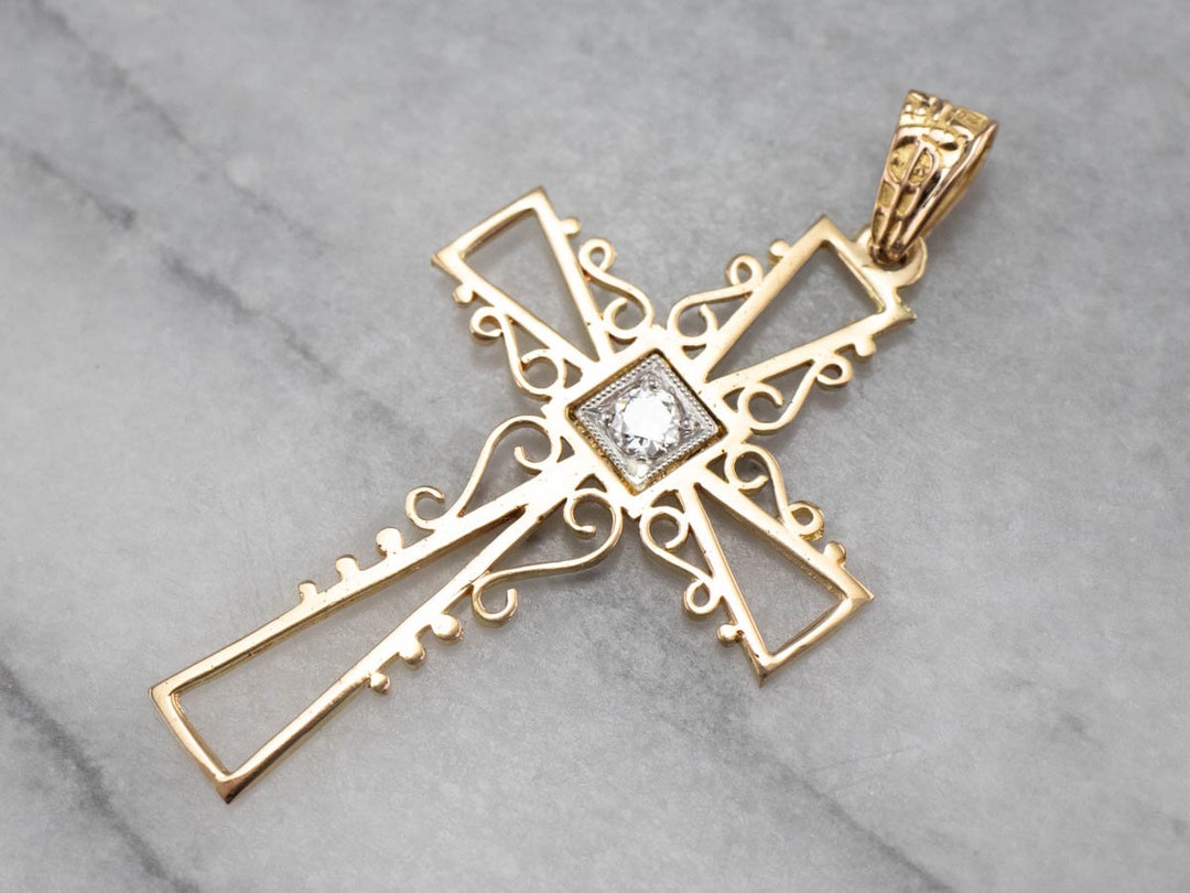 Diamond Filigree Cross Pendant, 14K Gold Religious Jewelry - Etsy