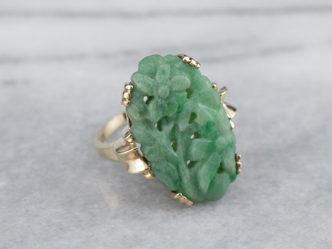 Vintage Carved Jade Cocktail Ring, Floral Jade Ring, Yellow Gold Jade ...