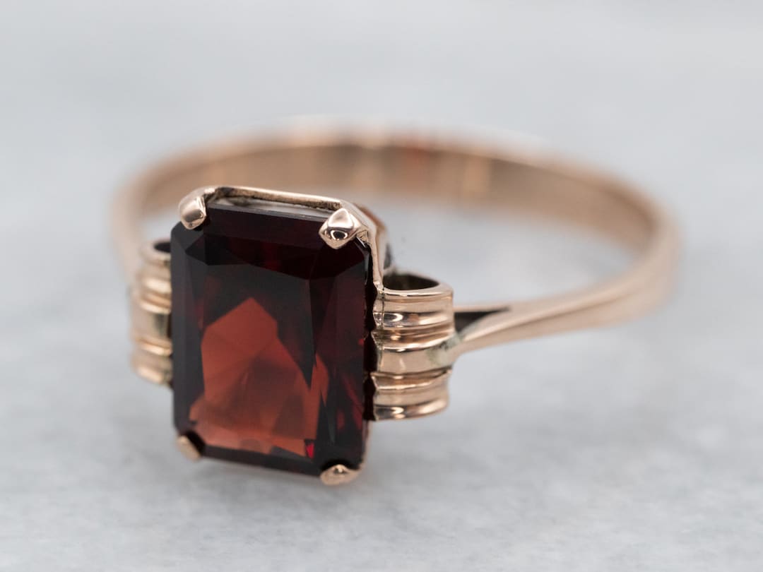 Retro Era Garnet Solitaire Ring, Gold Garnet Ring, January Birthstone, Right Hand Ring, Birthday ...