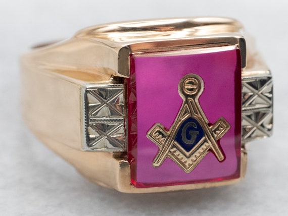Two Tone Ruby Glass Masonic Ring, Vintage Masonic Rin… - Gem