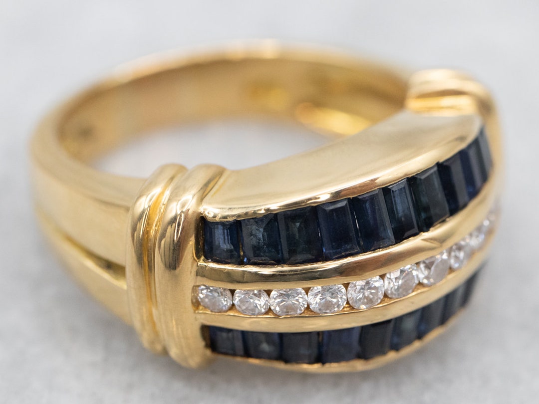 Yellow Gold Channel Set Diamond and Sapphire Ring, Diamond and Sapphire ...