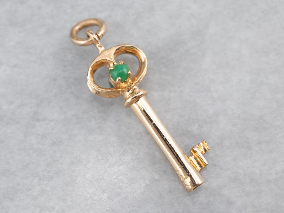 14K Gold Key Charm Green Glass Gem Key Charm Key Pendant - Etsy