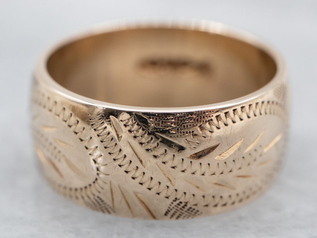 Vintage Botanical Pattern Band, Yellow Gold Pattern Band, Wide Gold ...