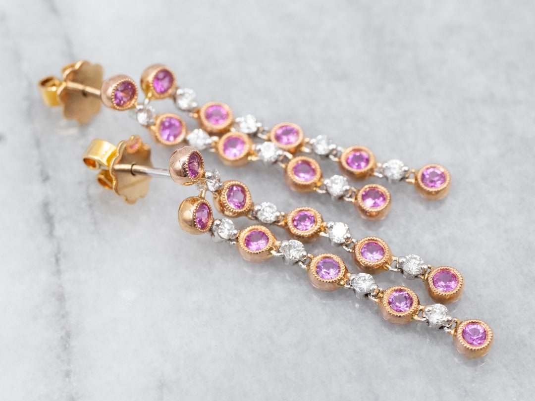 Tri Color Pink Sapphire and Diamond Drop Earrings, Drop Earrings, Tri ...