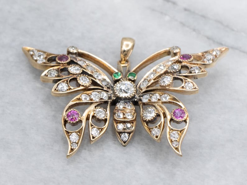 Art Nouveau Butterfly Pendant: Old Mine Cut Diamonds, Ruby, Emerald ...