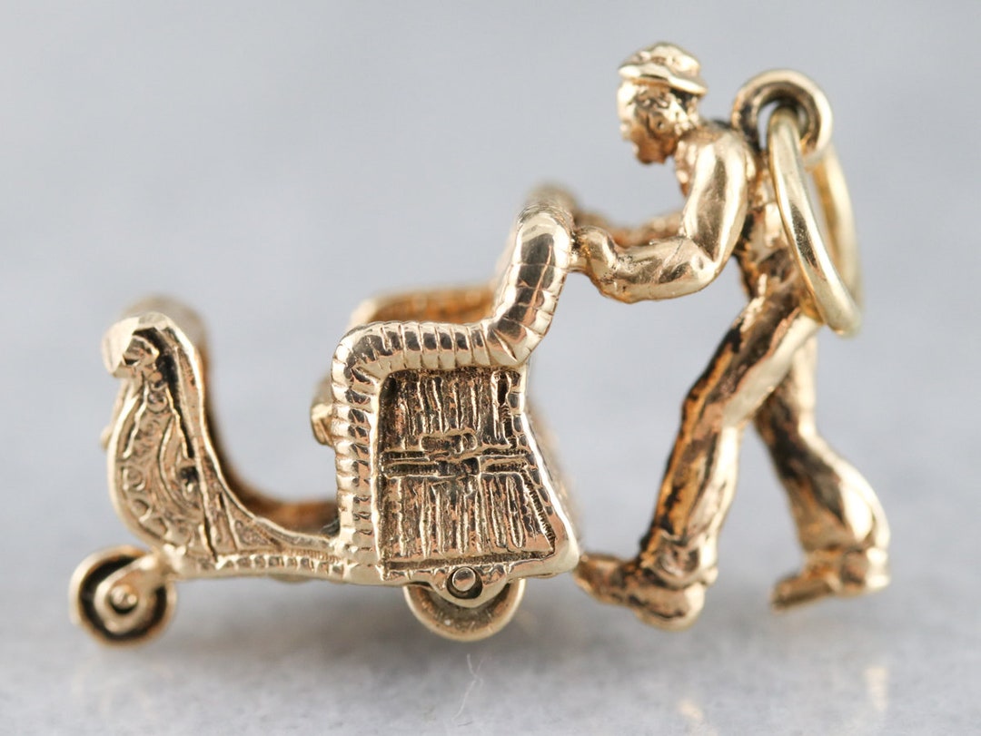Vintage 14K Yellow Gold Man Pushing Sleigh Charm, Movable Wheels - Etsy