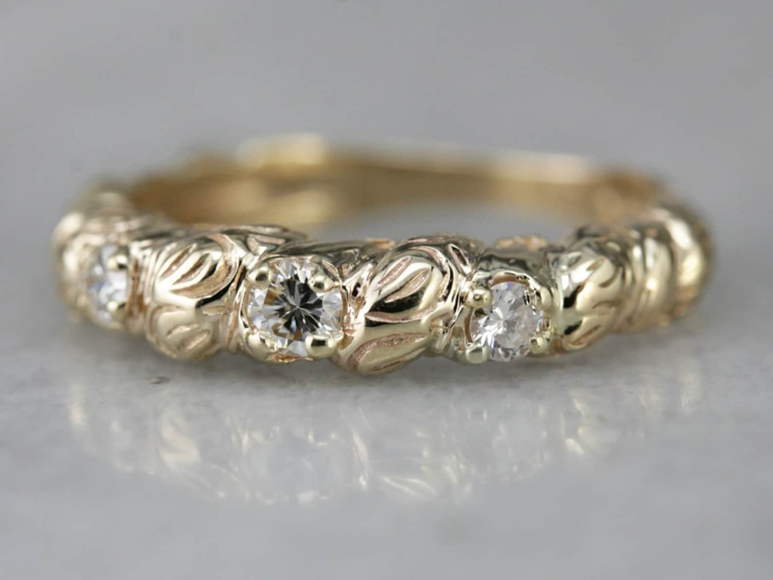 Etched Gold Diamond Band Yellow Gold Wedding Band Diamond | Etsy