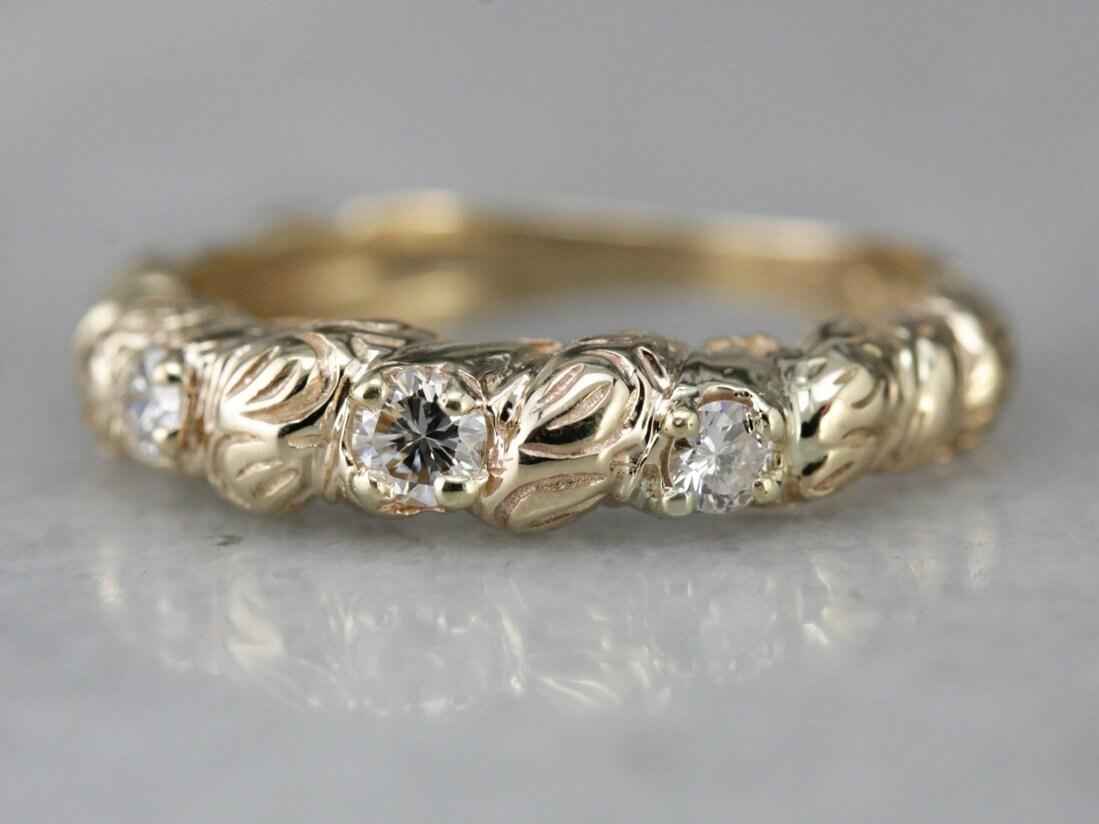 Etched Gold Diamond Band Yellow Gold Wedding Band Diamond | Etsy