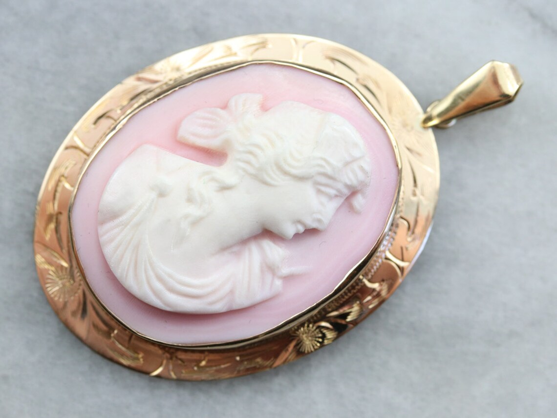 Vintage 10K Gold Pink Shell Cameo Pendant, Oval Portrait - Etsy